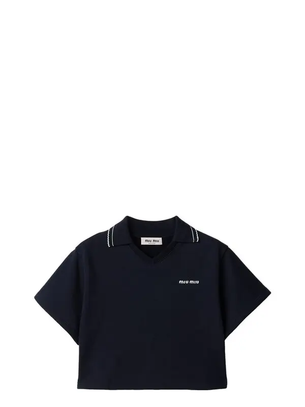 Miu Miu Cropped Cotton Fleece Sweatshirt With Embroidered Logo - Navy