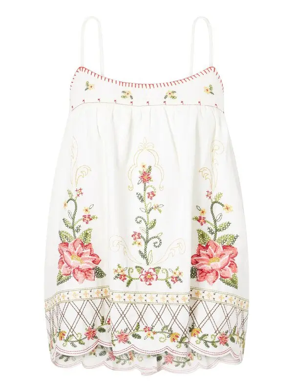 Farm Rio Floral Embroidered Linen-blend Cami - Neutrals