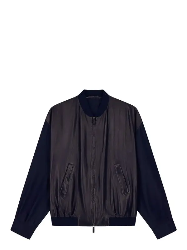 Giorgio Armani Oversized Fit Leather Blouson Jacket With Silk Lining - Blue