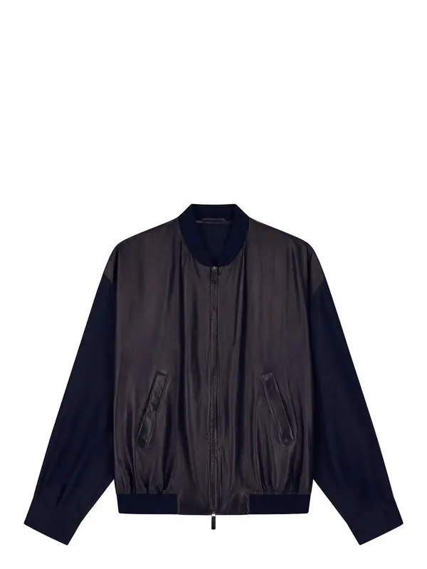 Giorgio Armani Oversized Fit Leather Blouson Jacket With Silk Lining - Navy Blue