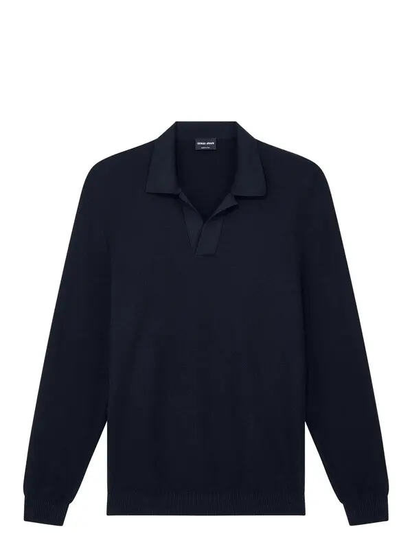 Giorgio Armani Knit Polo Regular Fit Honeycomb Stitch Virgin Wool - Navy Blue
