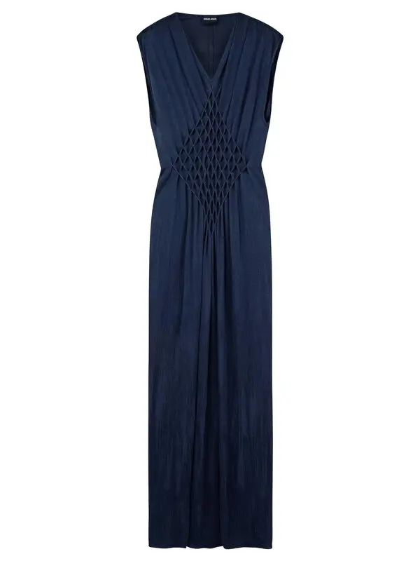 Giorgio Armani Long Viscose Jersey Dress With Smocked Honeycomb Detail - Blue