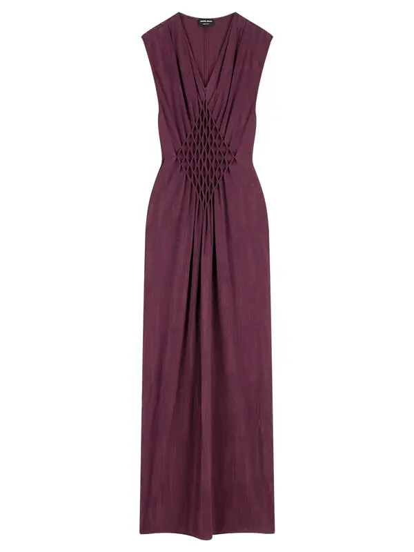 Giorgio Armani Long Viscose Jersey Dress With Smocked Honeycomb Detail - Burgundy
