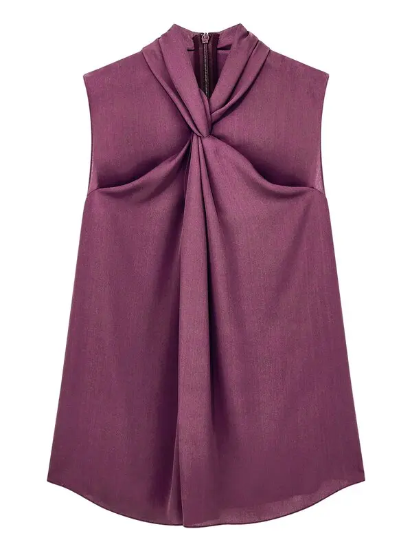 Giorgio Armani Sleeveless Silk Georgette Draped Neckline Top - Burgundy