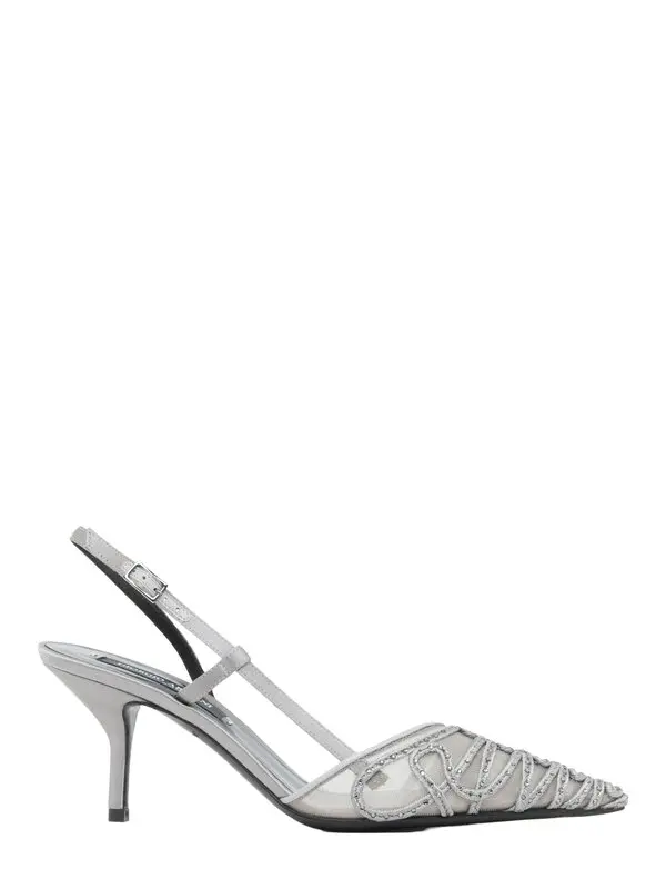 Giorgio Armani Leather And Mesh Slingback Pumps With Rhinestone Embroidery - Silver