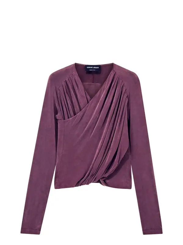 Giorgio Armani Long Sleeve Cupro Jersey Draped Top - Burgundy