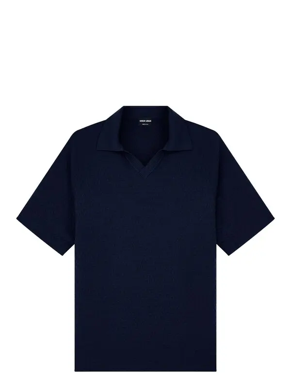 Giorgio Armani Knit Polo Regular Fit Virgin Wool With Micro Rhombus Relief - Blue