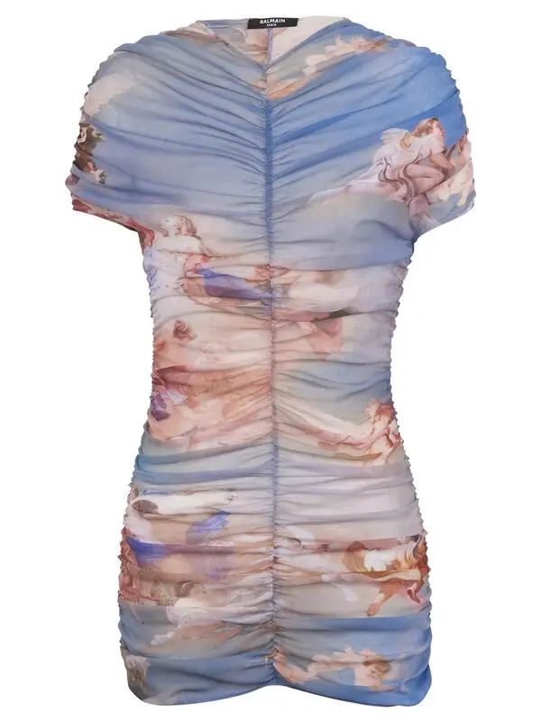 Balmain Sky Printed Gathered Tulle Mini Dress - Multicolor