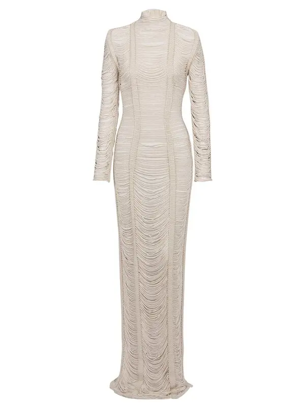 Balmain Openwork Macramé Maxi Dress With High Neck - Beige