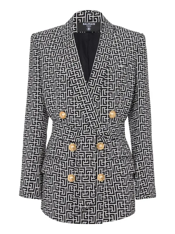 Balmain Monogram Printed Shawl Collar Double-breasted Jacket - Black