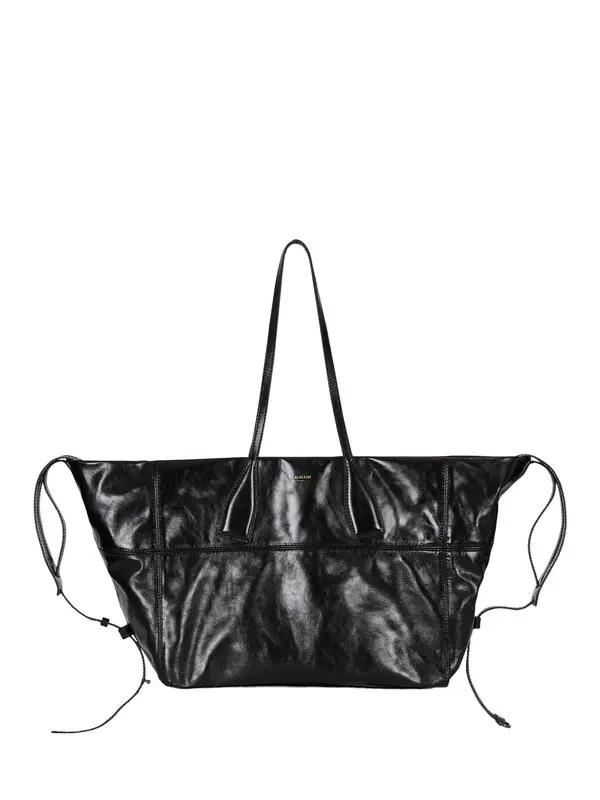Balmain Track Shiny Calfskin Leather Tote Bag - Black