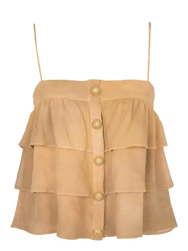 Balmain Strappy Silk Top With Ruffles And Gold-embossed Buttons - Beige