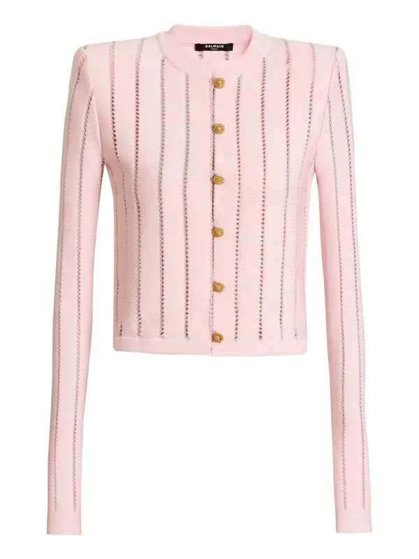 Balmain Cropped Fléchage Knit Cardigan With Lion Head Buttons - Pink