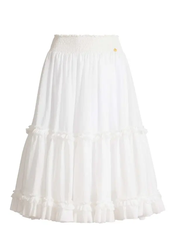 Balmain Long Gathered Ruffle Skirt With Lion Chain Medallion - White