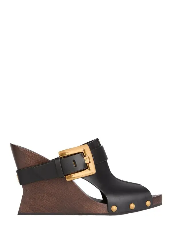 Balmain Anthem Wedge Leather Mules With Gold Buckle - Black