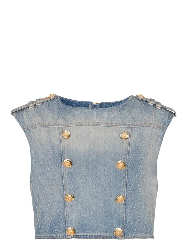Balmain Quilted Buttoned Denim Vest - Blue
