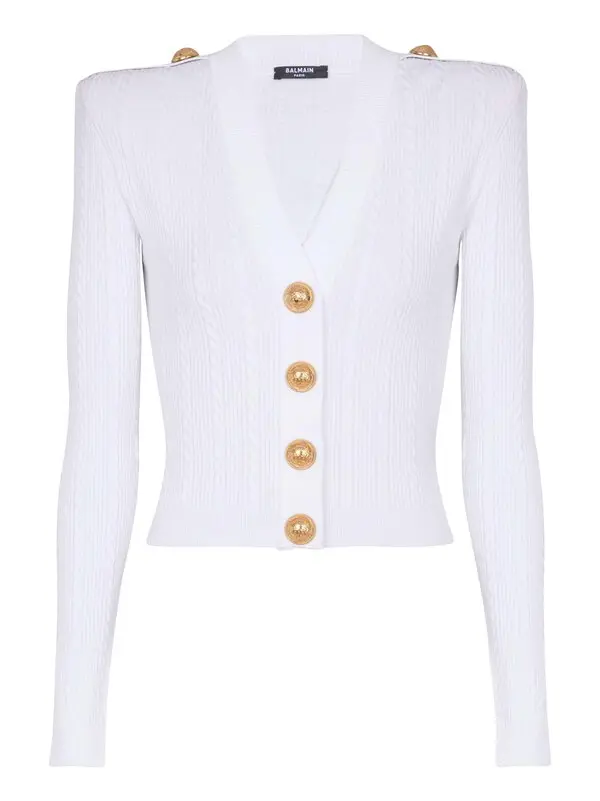 Balmain Long-sleeved Cable-knit Cardigan With Decorative Buttons - White