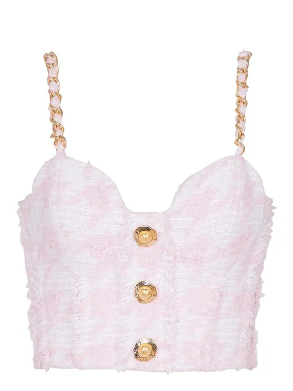 Balmain Strappy Houndstooth Tweed Cropped Top - White