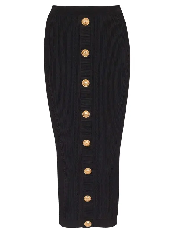 Balmain Cable-knit Midi Skirt With Decorative Buttons - Black
