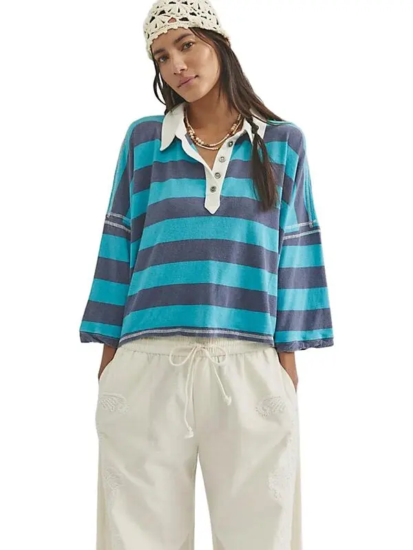 Free People We The Free Auggie Oversized Striped Polo Tee - Night Shadow/tropical