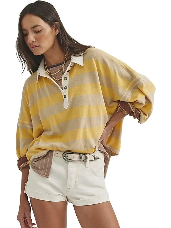 Free People We The Free Auggie Oversized Striped Polo Tee - Oat Latte/yellow Finch