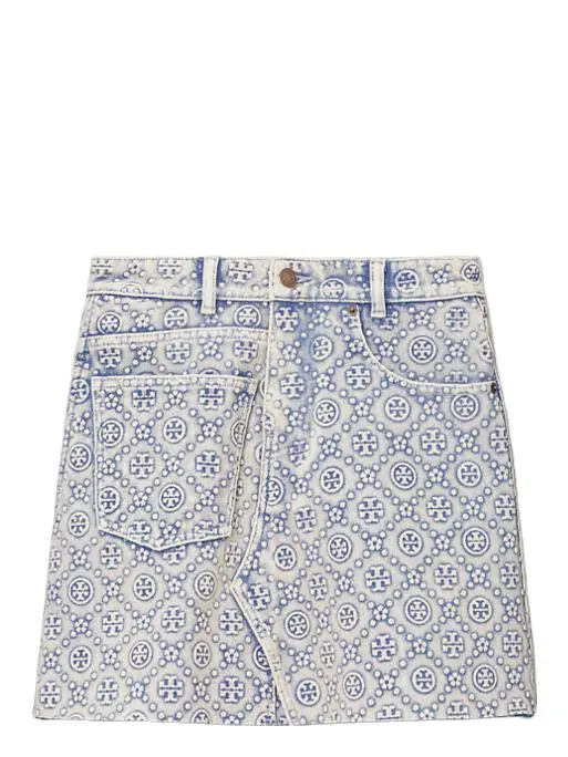 Tory Burch T Monogram Jacquard Denim Mini Skirt - Bleached Wash T Monogram