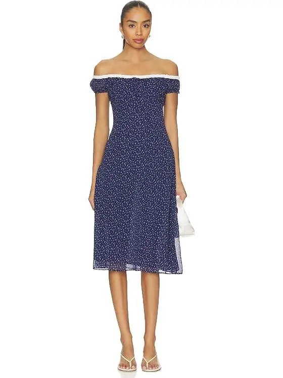 GUIZIO Off The Shoulder Lightweight Crepe Midi Dress - Navy