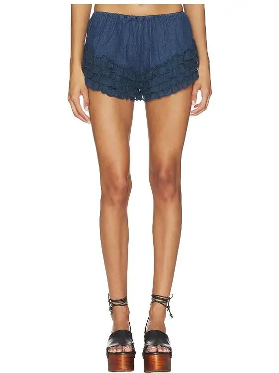 For Love & Lemons Yasmin Ruffle Denim Shorts - Blue