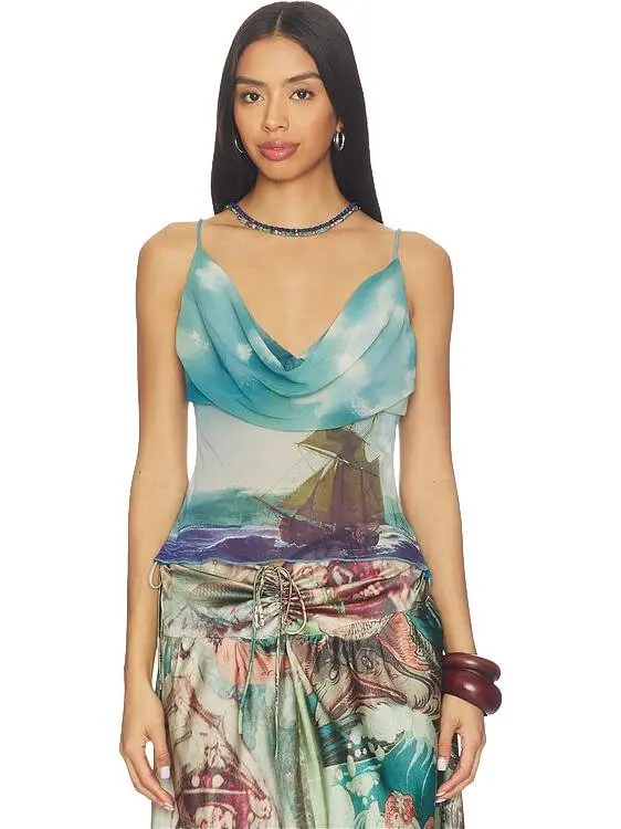 TYLER MCGILLIVARY Delphi Printed Cowlneck Tank Top - Blue