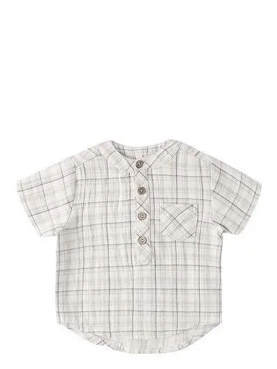 QUINCY MAE Short Sleeve Plaid Shirt With Mandarin Collar - Blue