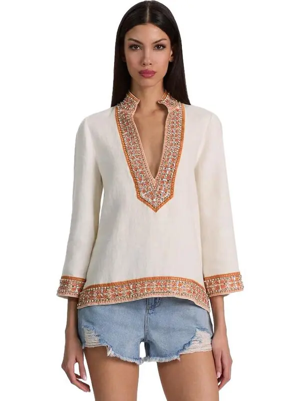 Alice + Olivia Eleonora Embellished Linen Tunic Top - White