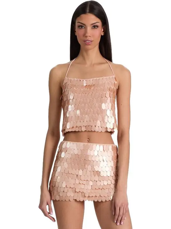 Alice + Olivia Grazi Embellished Paillette Halter Neck Cropped Top - Neutral