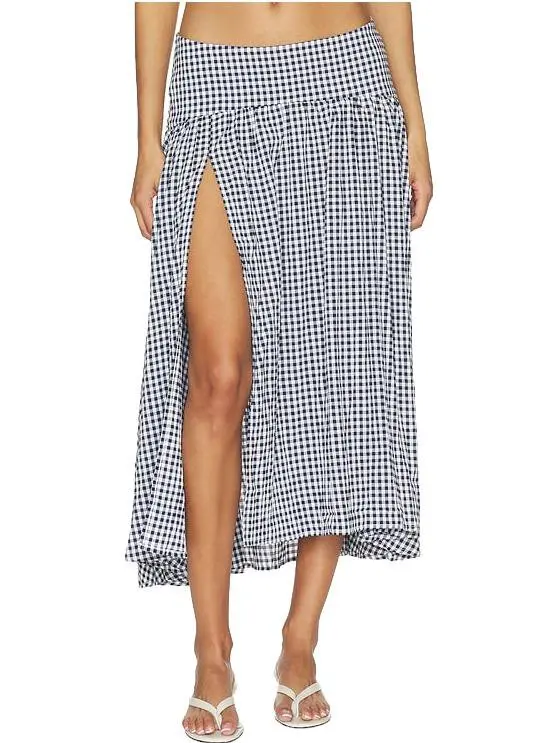 GUIZIO Alegra Low Rise Maxi Skirt In Navy - Navy Plaid