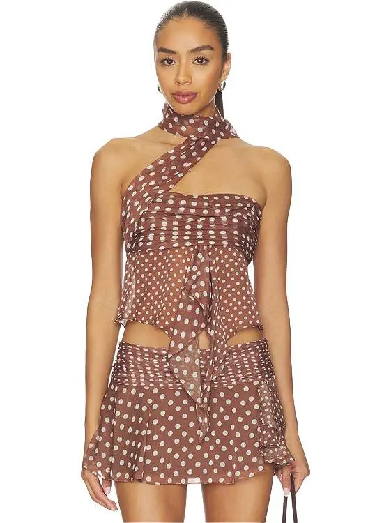GUIZIO Chiffon Wrap Top With Polka Dot Print - Espresso