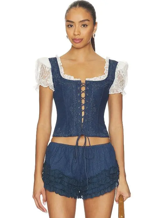 For Love & Lemons Yasmin Lace Up Top - Blue