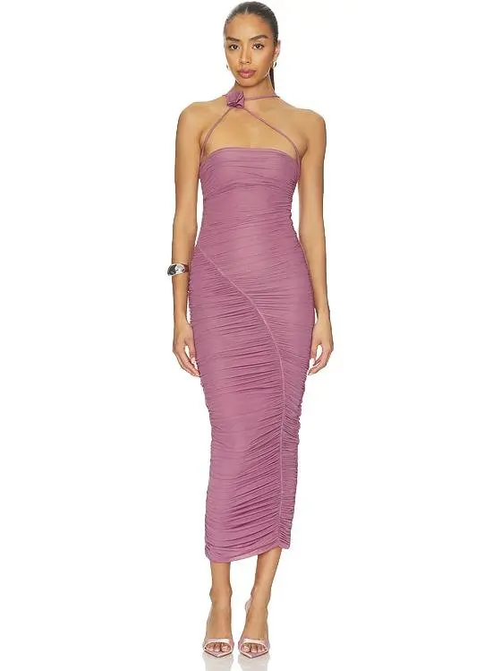 MAYGEL CORONEL Muralla Ruched Rosette Neck Midi Dress - Blossom
