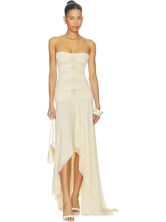 MAYGEL CORONEL Strapless Floral Accent Asymmetrical Gown - Macadamia