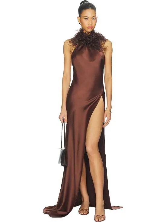 THE NEW ARRIVALS ILKYAZ OZEL Feather Trim Maxi Dress - Copacabana