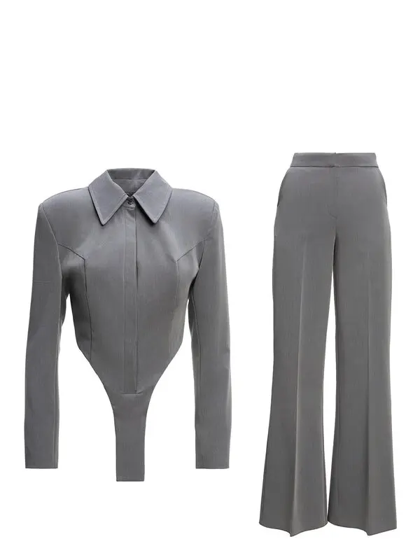 BLUZAT Set: Body Shirt And Straight Trousers - Grey