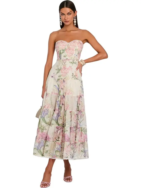 Charo Ruiz Ibiza Strapless Floral Tiered Maxi Dress - Cream Botanic