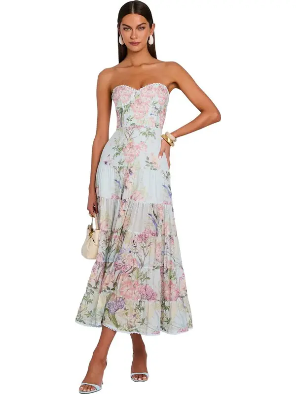 Charo Ruiz Ibiza Strapless Floral Print Tiered Maxi Dress - Blue Botanic