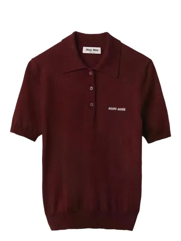 Miu Miu Wool Knit Intarsia Logo Polo Shirt - Red
