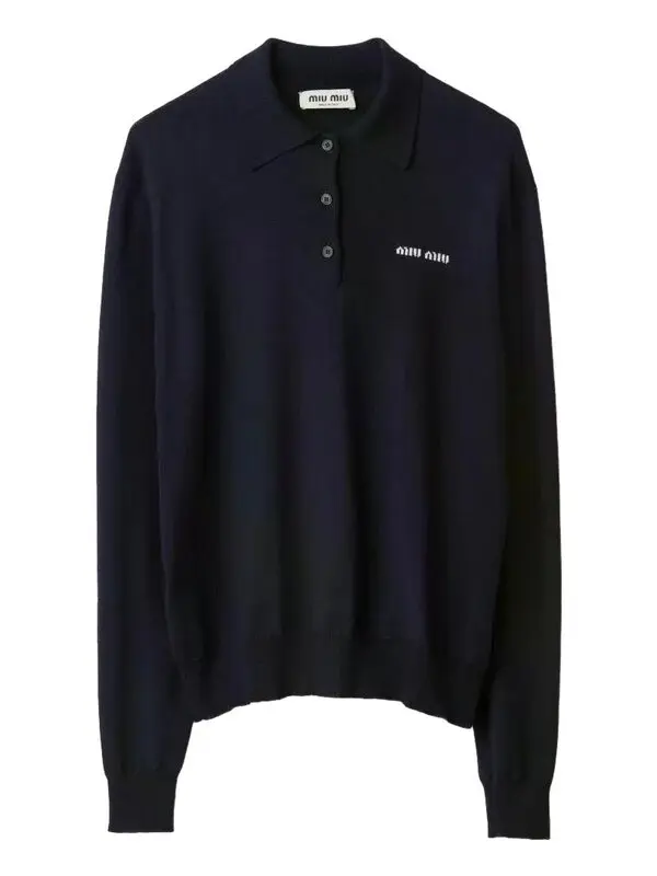 Miu Miu Wool Knit Intarsia Logo Polo Shirt - Blue