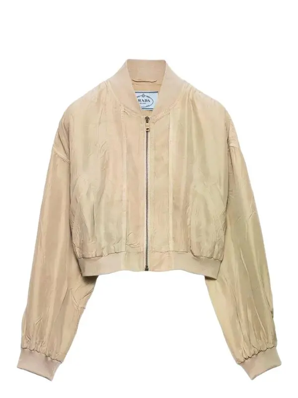 Prada Cropped Silk Bomber Jacket With Tonal Knit Details - Neutrals