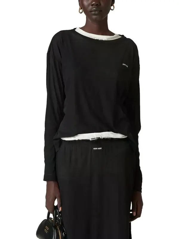 Miu Miu Long-sleeved Ribbed Jersey T-shirt - Black