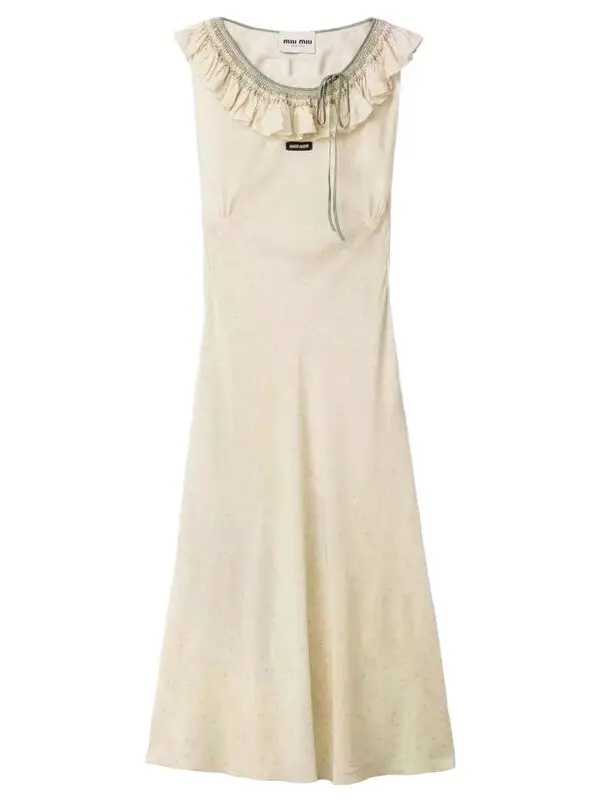 Miu Miu Embroidered Marocain Crepe Dress - Neutrals