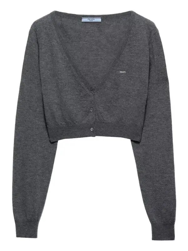 Prada Cropped Cashmere Cardigan With Lettering Logo - Grey