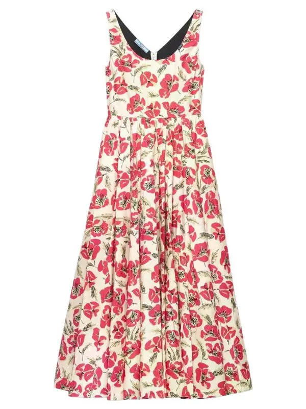 Prada Soft Poplin Sleeveless Dress With Floral Print - Neutrals