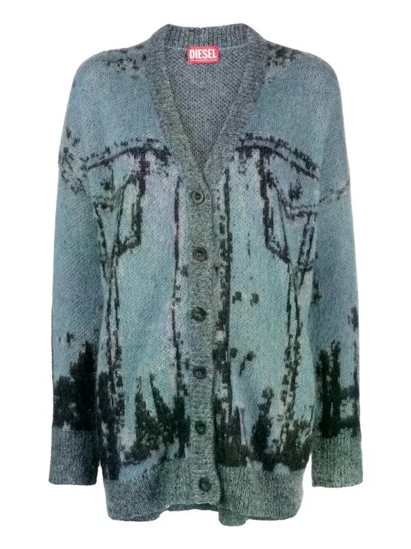 DIESEL® Mohair Blend Patterned Intarsia Knit Cardigan - Blue