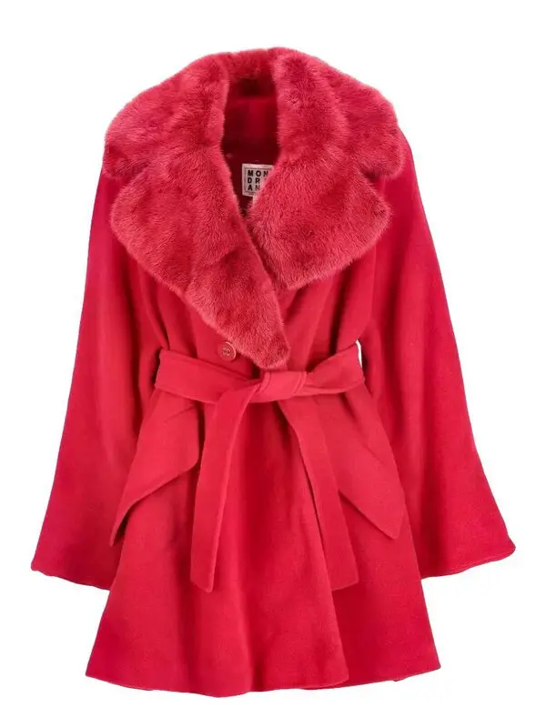 Vintage Mondrian Fur-collar Belted Coat - Red